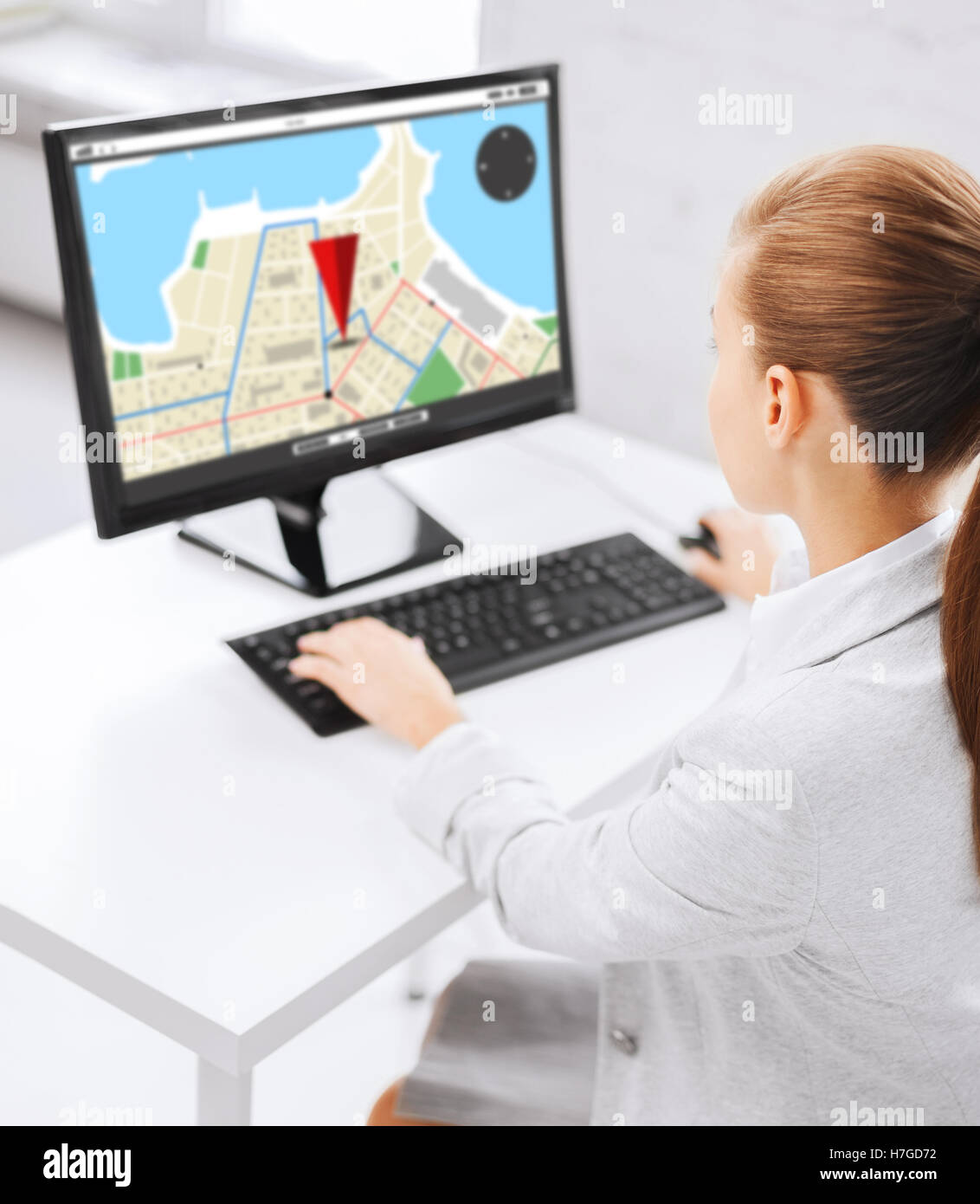 businesswoman with gps navigator map on computer Stock Photo - Alamy
