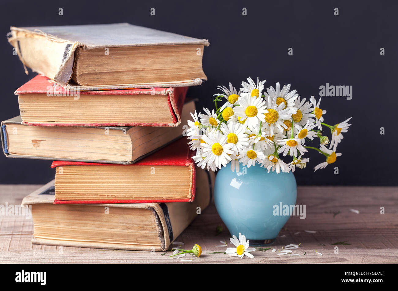 A stack of old vintage books lying on a rustic wooden shelf with a ...