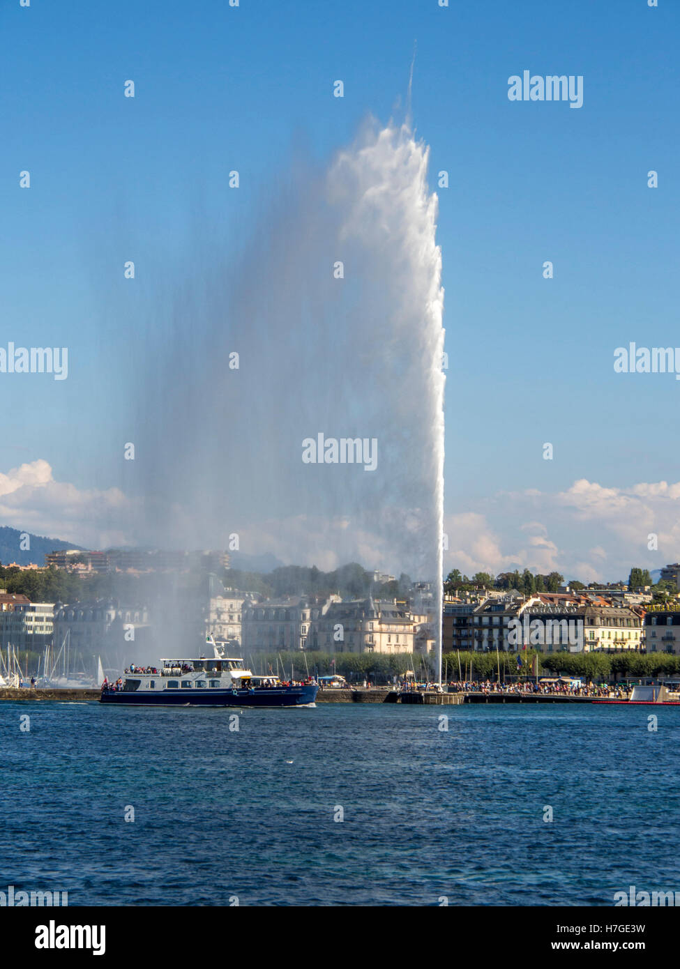 View of Lake Geneva featuring the Jet d'Eau fountain soaring high at ...