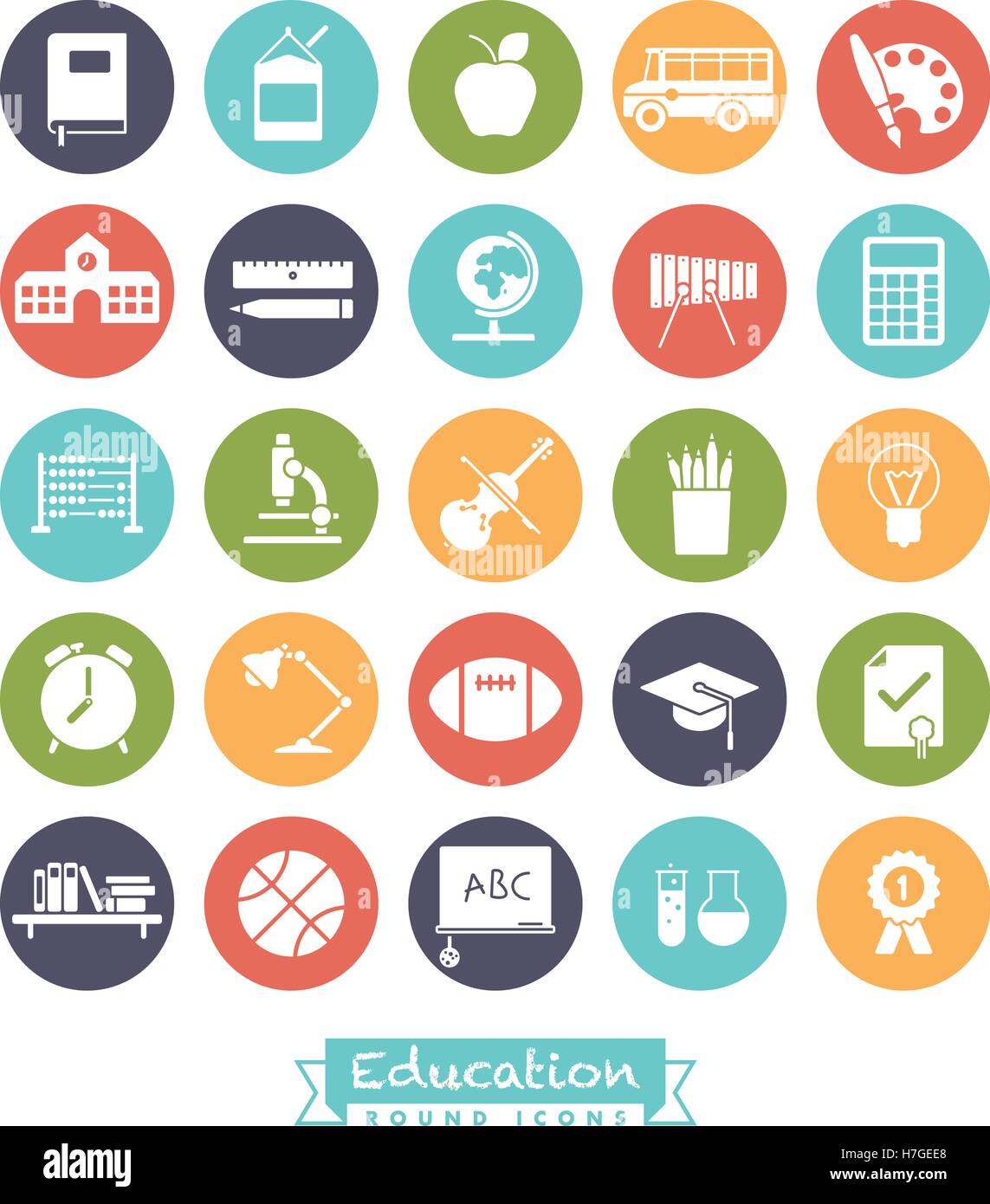 Collection of school and education related round colored vector icons ...