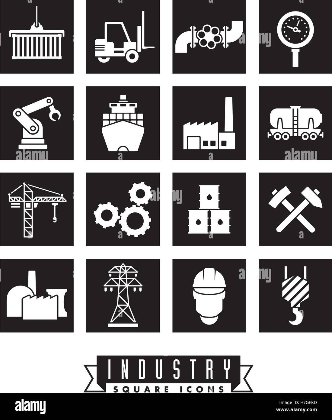 Collection of 16 square industry themed vector icons, negative in black ...