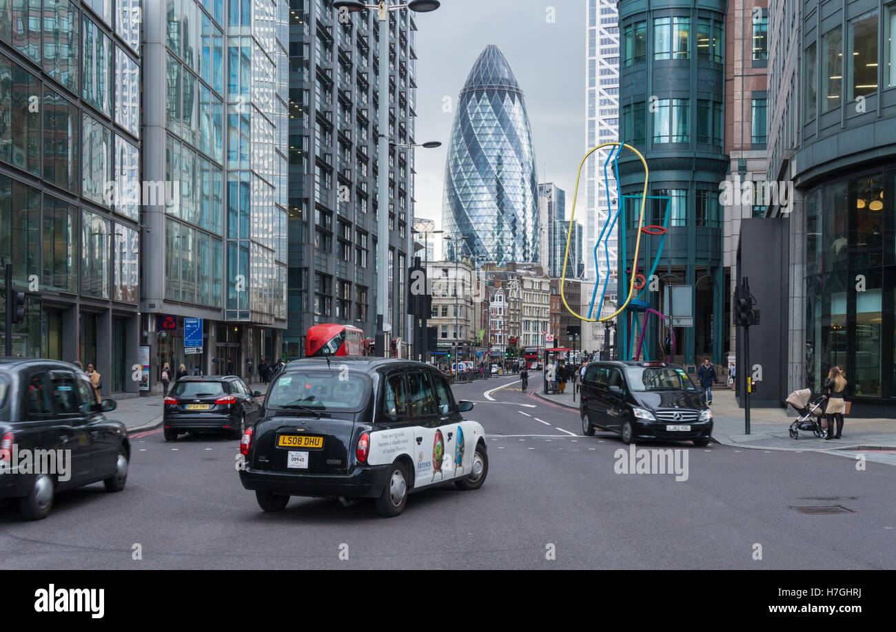 Bishopsgate road with the Gherkin skyscraper in the background, London ...