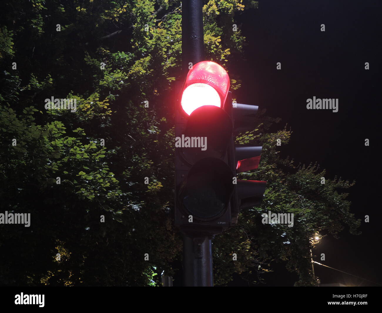 Traffic light at night-time showing red Stock Photo - Alamy