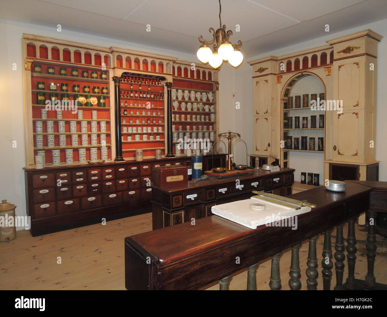 Old Danish drugstore with the typical shelves with medicine and drugs ...