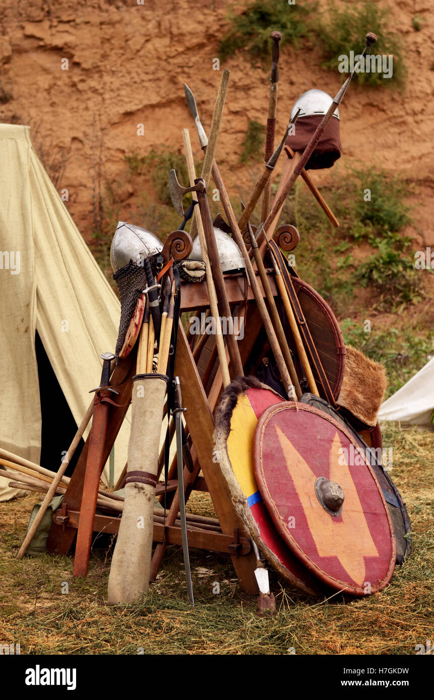 Medieval weapons and ammunition during the reenactment of middle ages ...