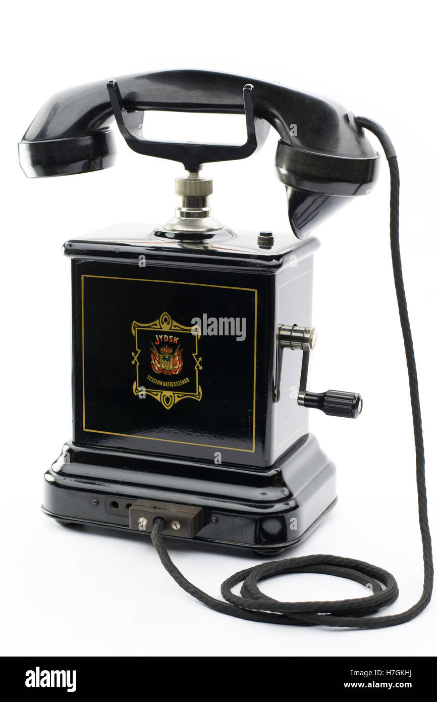Old black antique telephone with handle for calling the central Stock ...