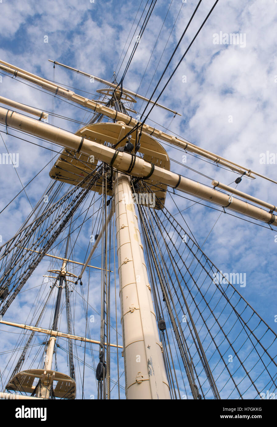 Wooden sail ship rigging against blue sky with clouds Stock Photo - Alamy