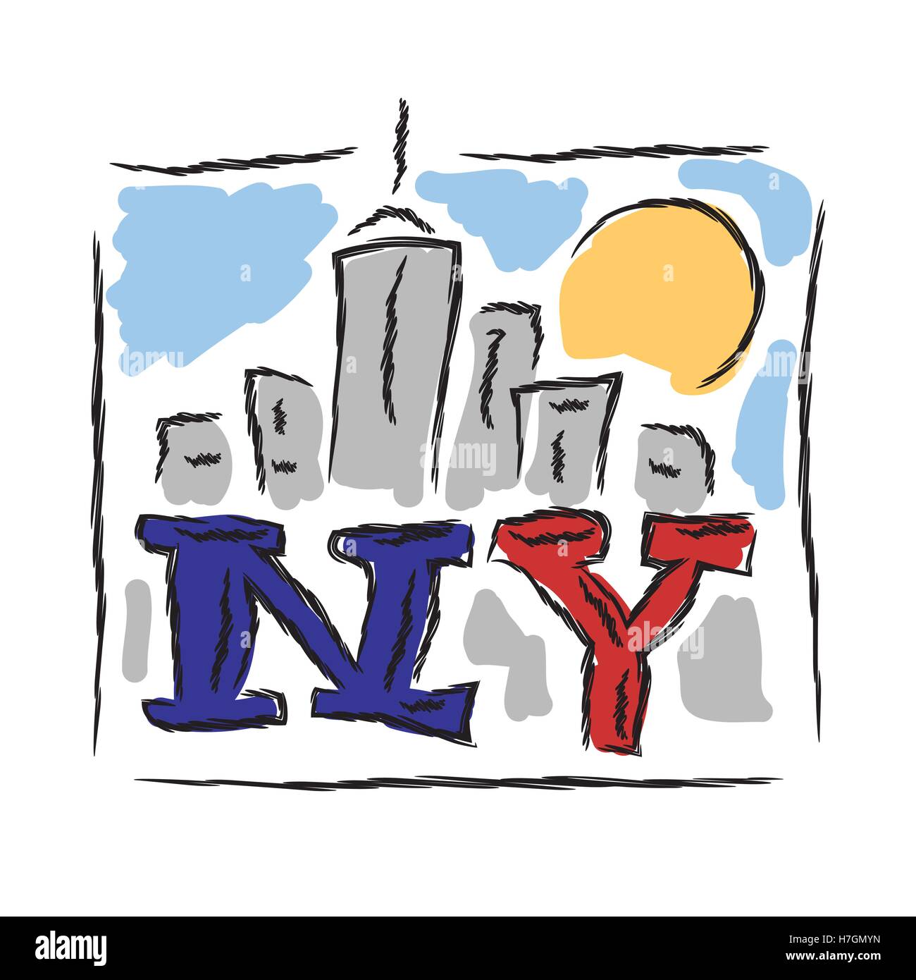 NY text creative hand drawn letters with cityscape symbol vector ...