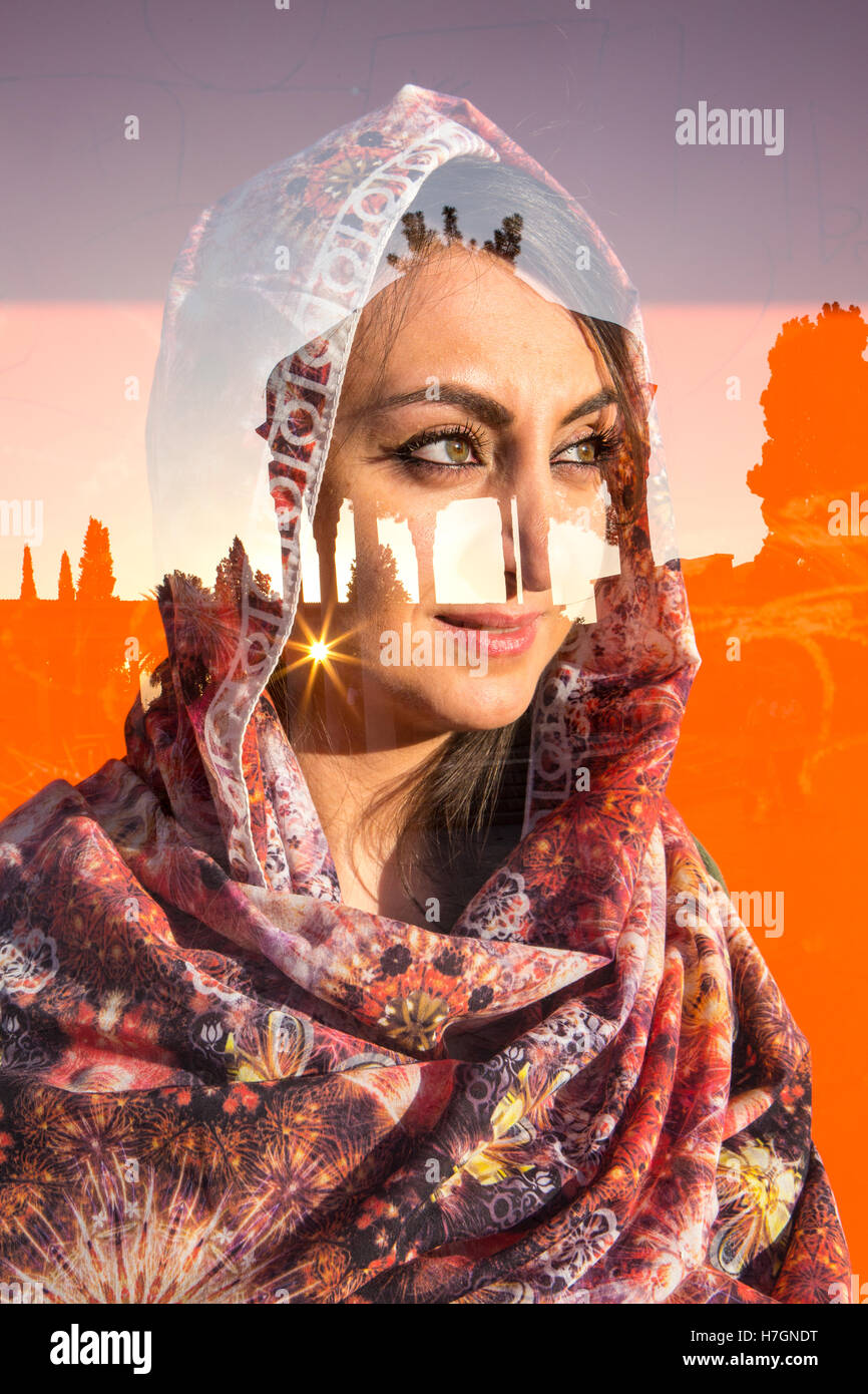 double exposure of iranian woman wearing headscarf and tomb of hafez ...