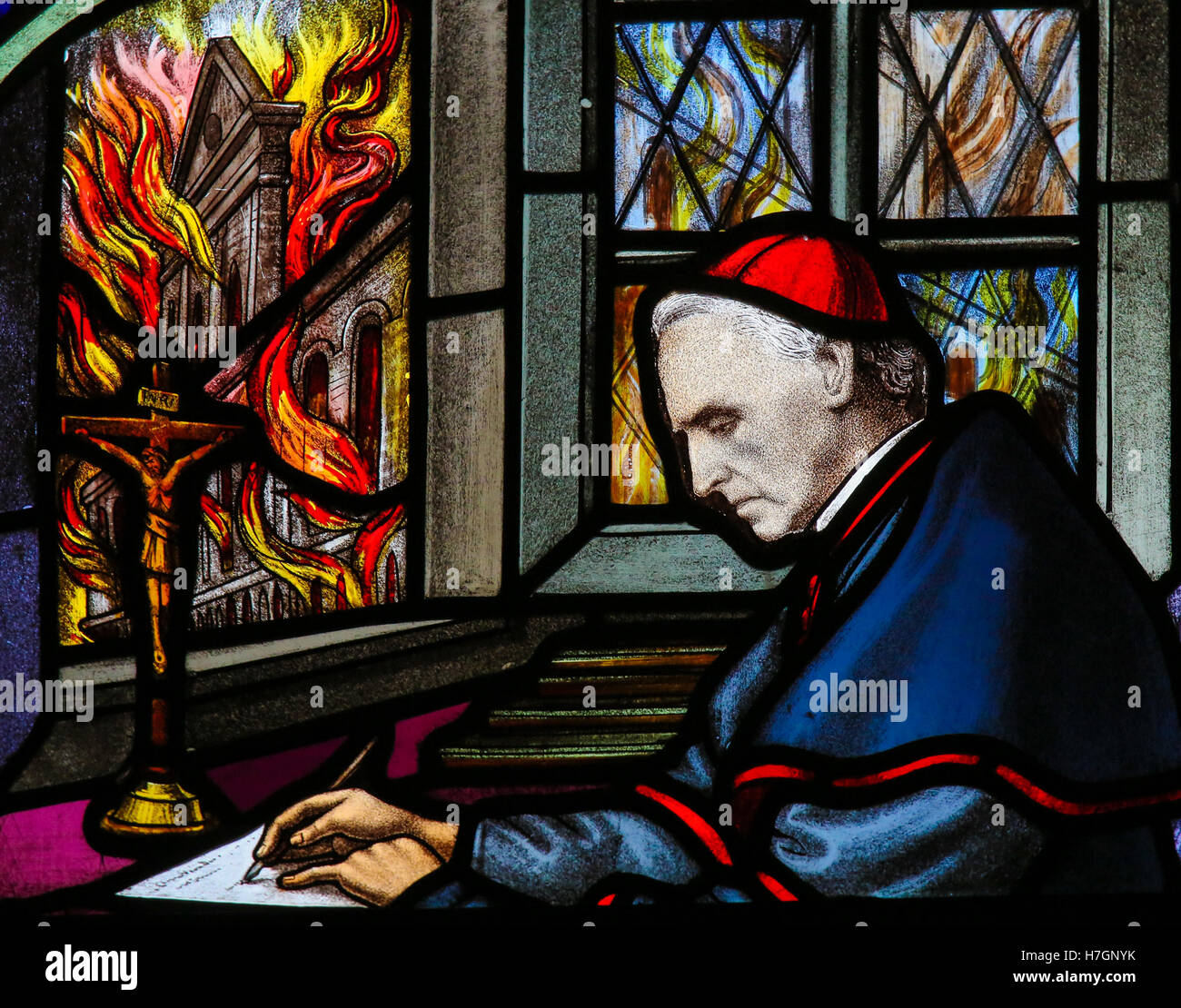 Stained Glass window depicting Cardinal Mercier (1851 - 1926), writing ...