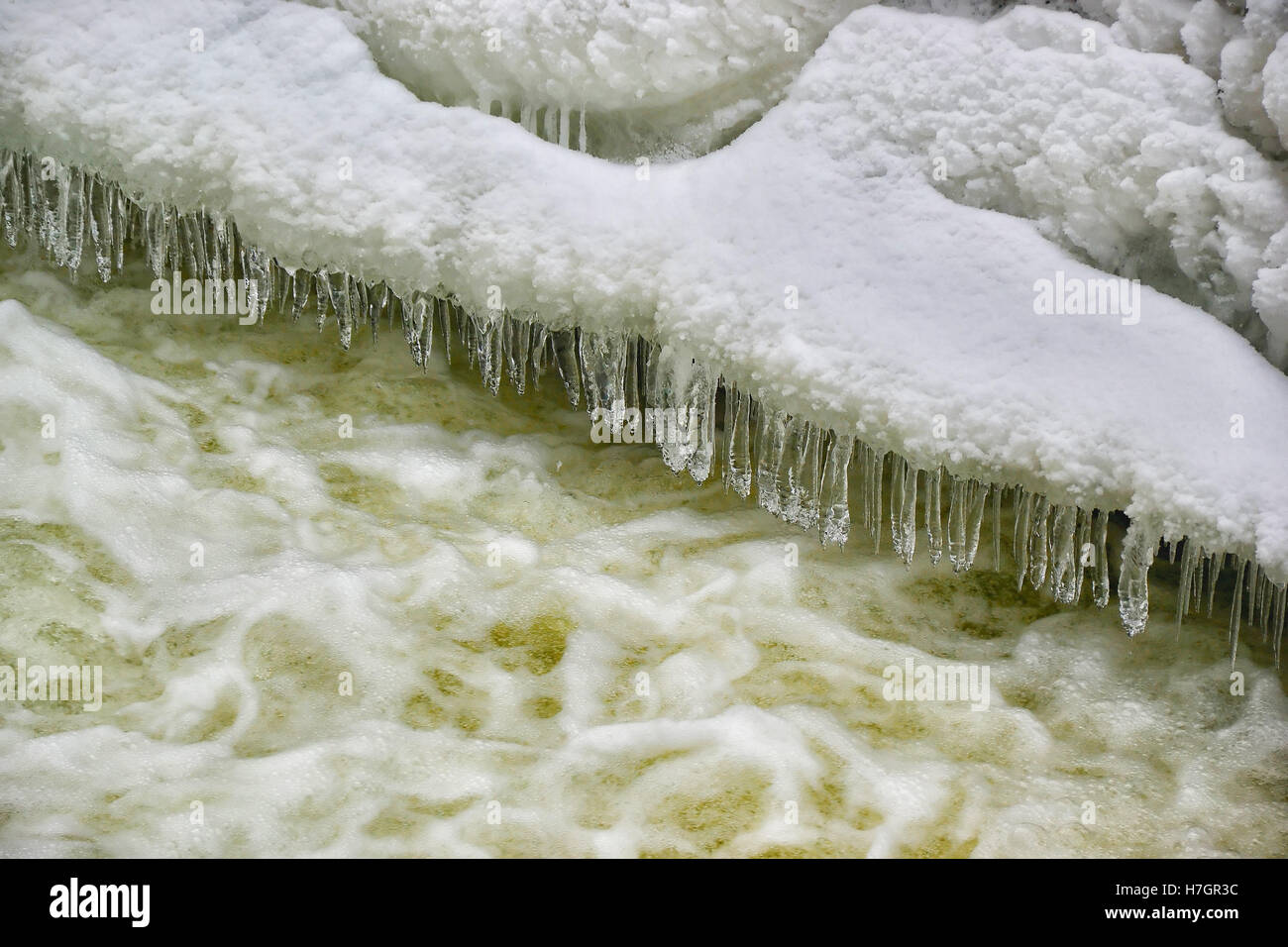 Frozen water on the river at the dam Stock Photo - Alamy