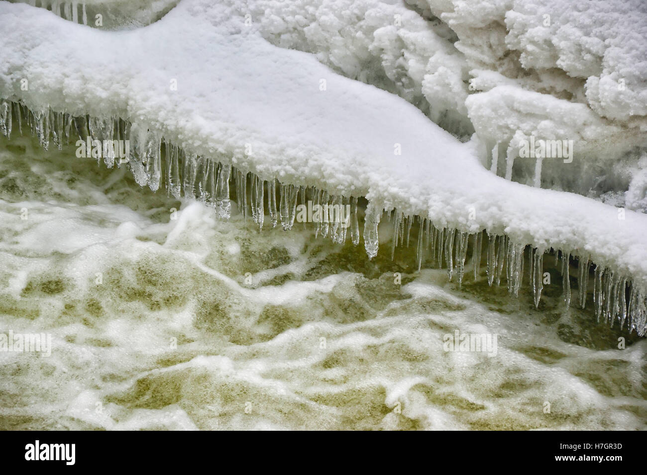 Frozen water on the river at the dam Stock Photo - Alamy