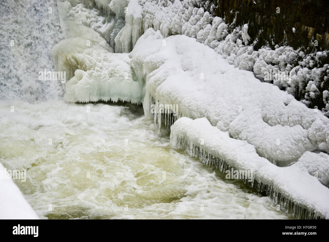 Frozen water on the river at the dam Stock Photo - Alamy