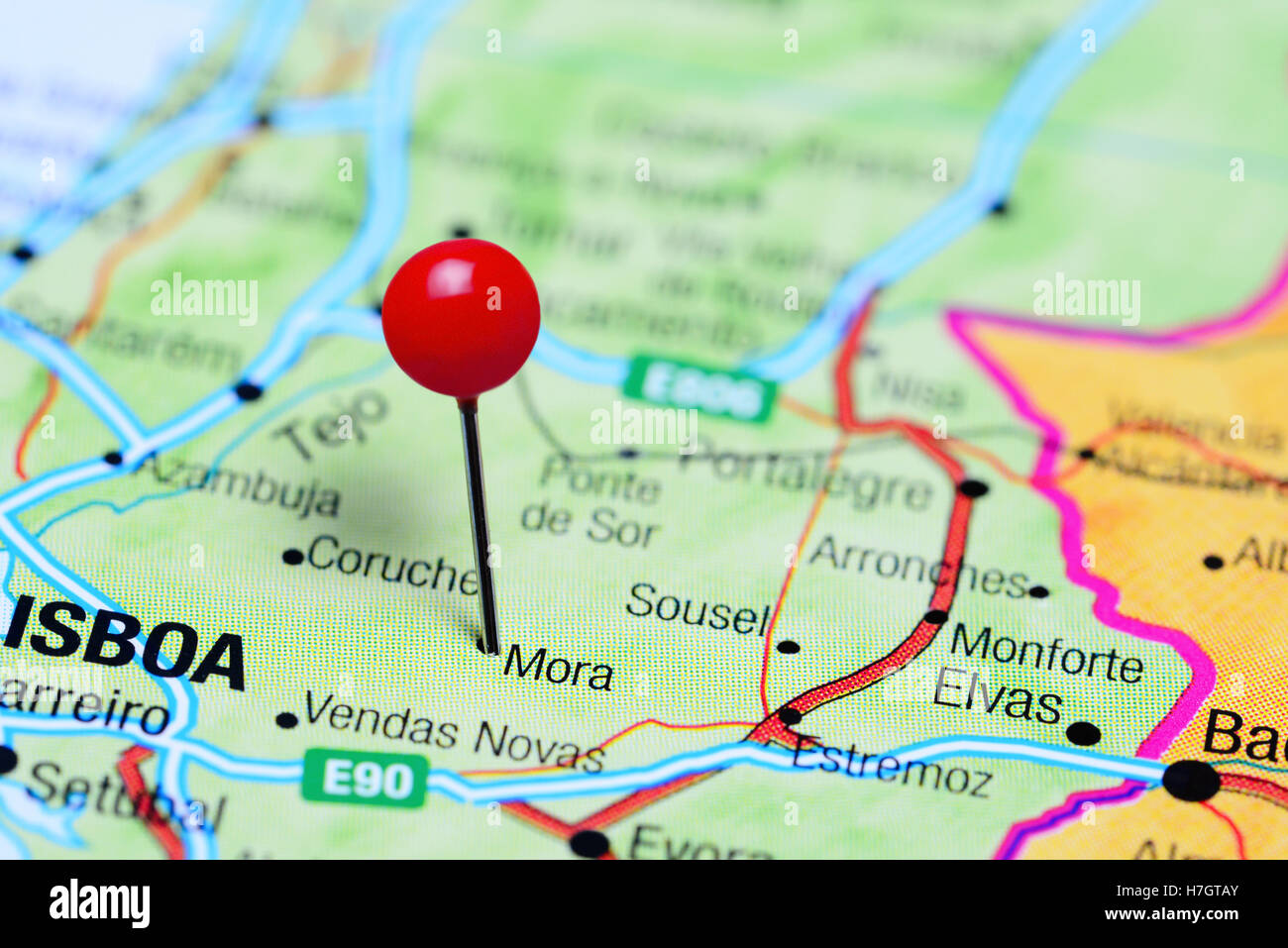 Mora pinned on a map of Portugal Stock Photo - Alamy
