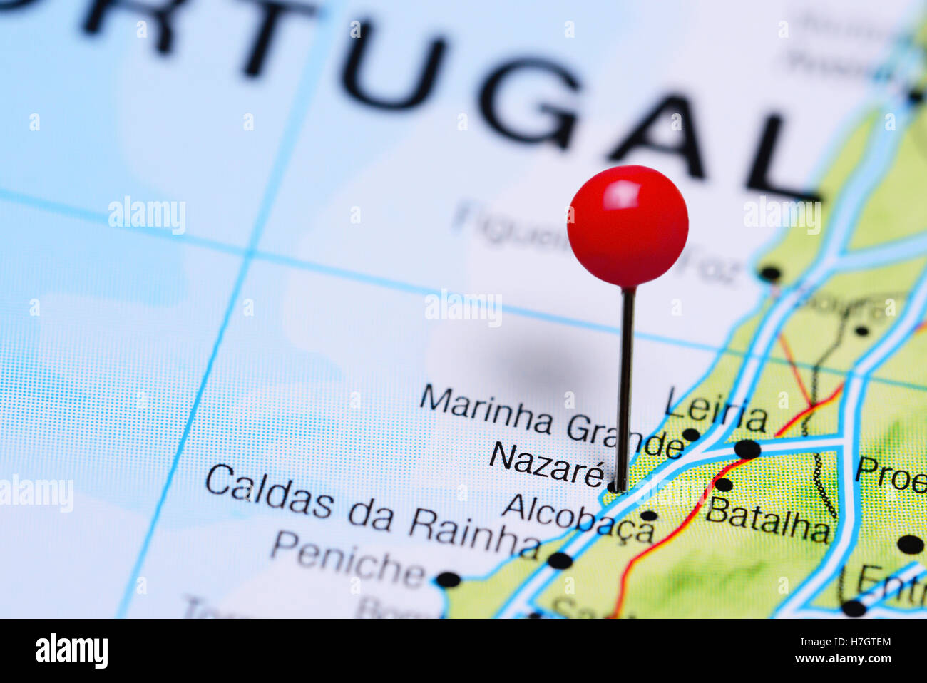 Nazare pinned on a map of Portugal Stock Photo - Alamy