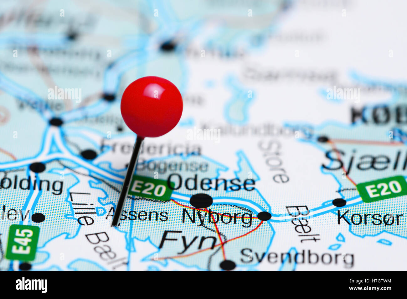Assens pinned on a map of Denmark Stock Photo - Alamy