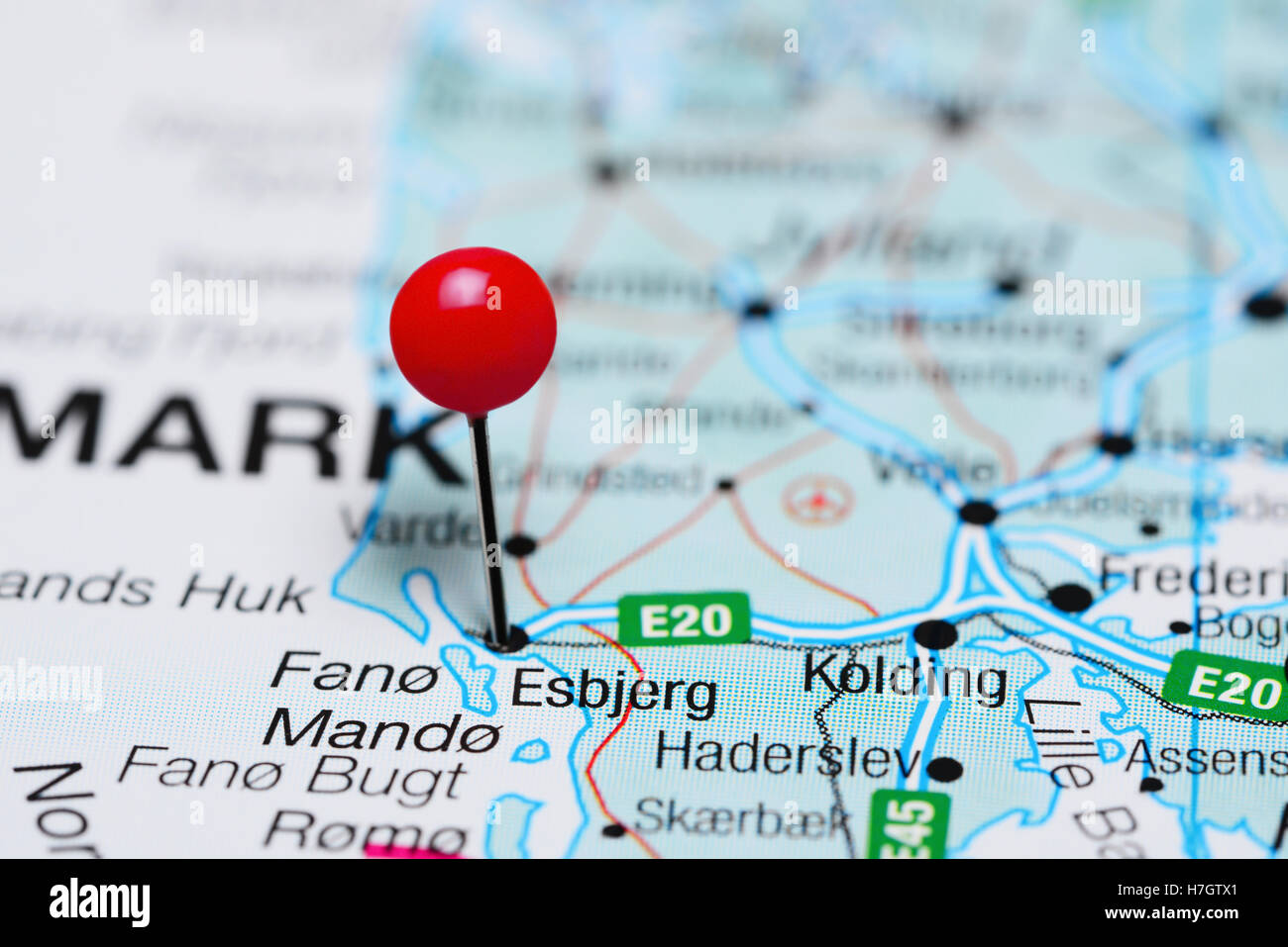 Esbjerg pinned on a map of Denmark Stock Photo - Alamy