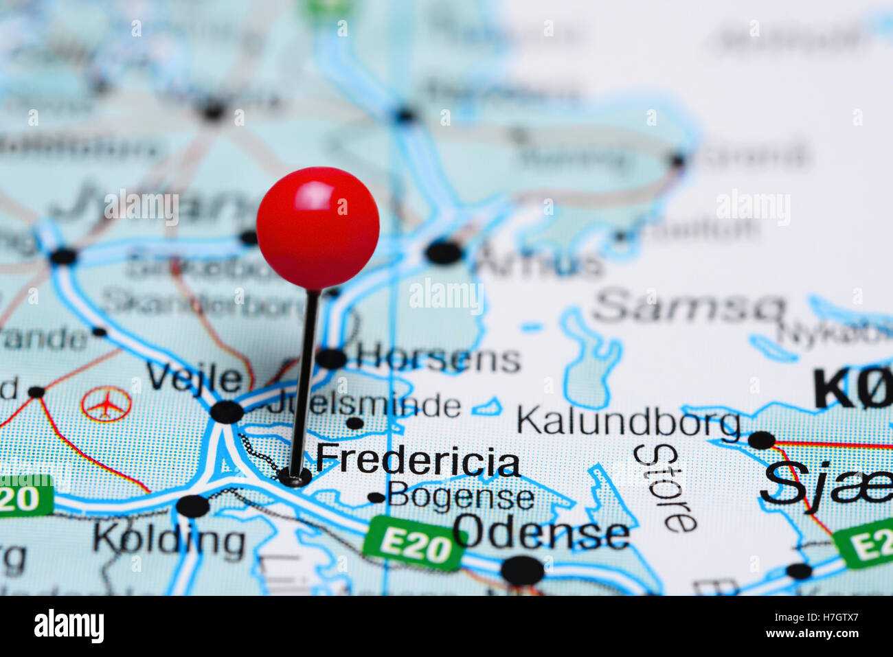 Fredericia pinned on a map of Denmark Stock Photo - Alamy