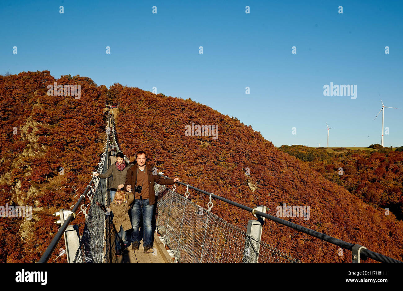 Visitors walk across the Geierlay bridge, which traverses a gorge ...