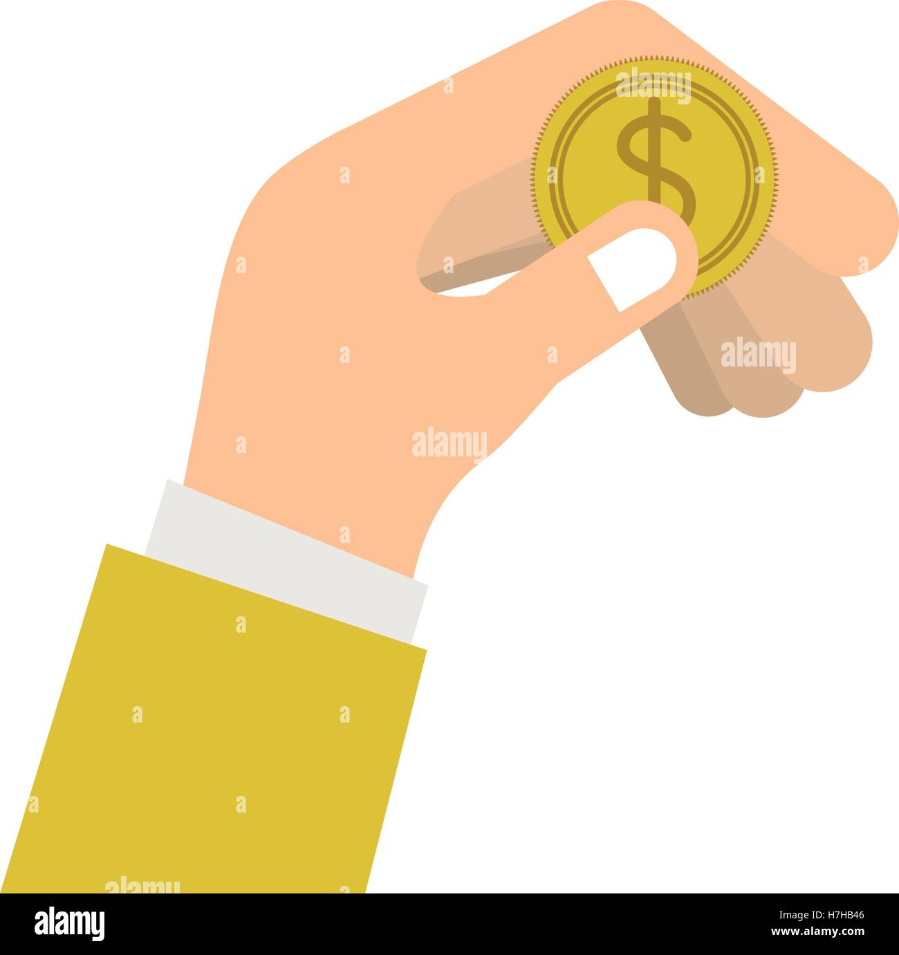 human hand holding a gold coin over white background. money payment ...