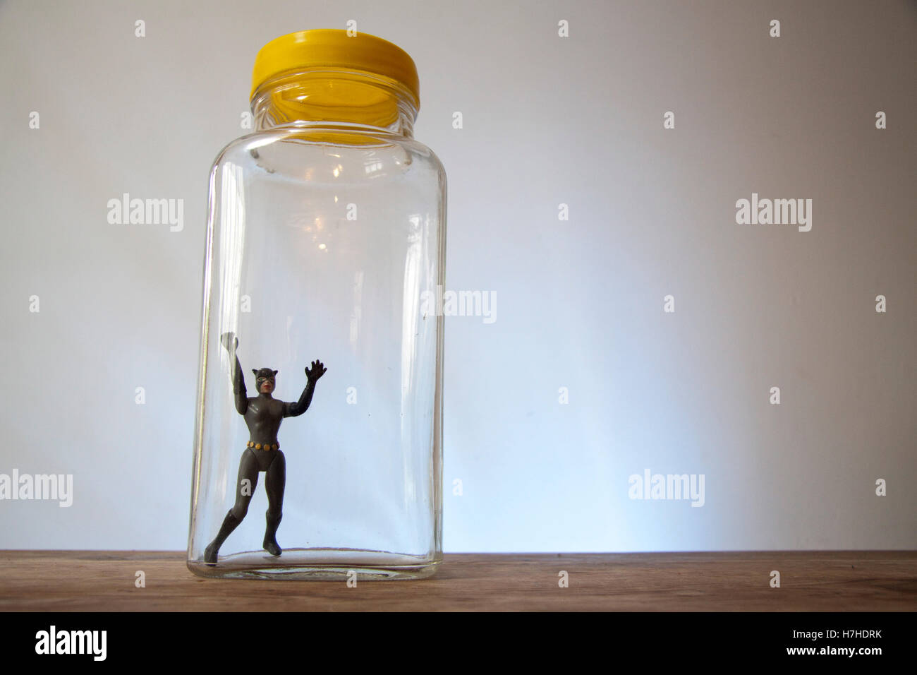 A toy Catwoman figure trapped and standing in a desperate pose against ...