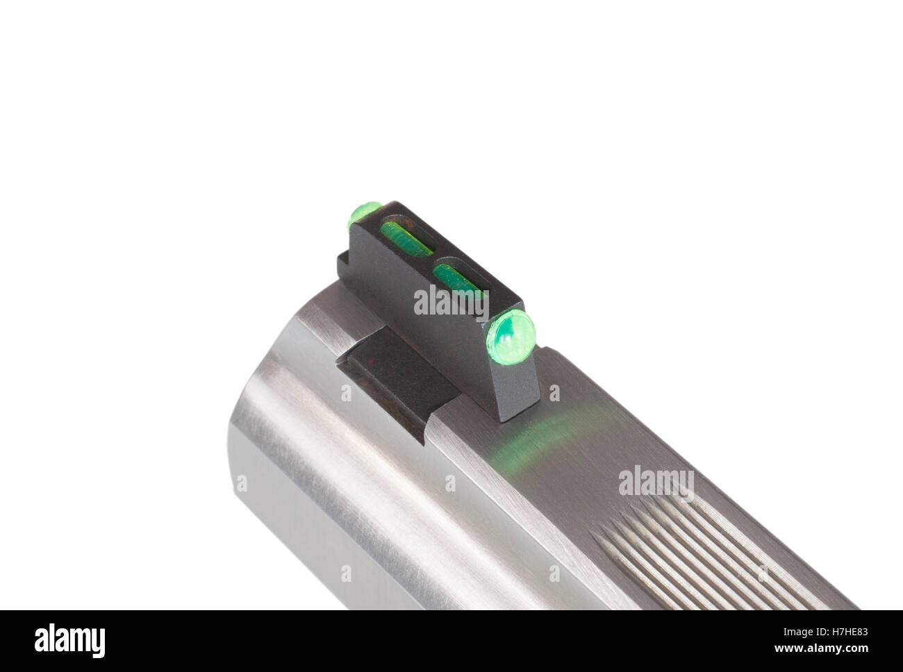 Green fiber optic front sight on a handgun isolated on white Stock ...