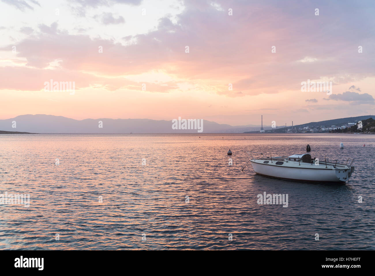 Dusk at Kvarner Gulf with Rijeka oil refinery in distance, located in ...