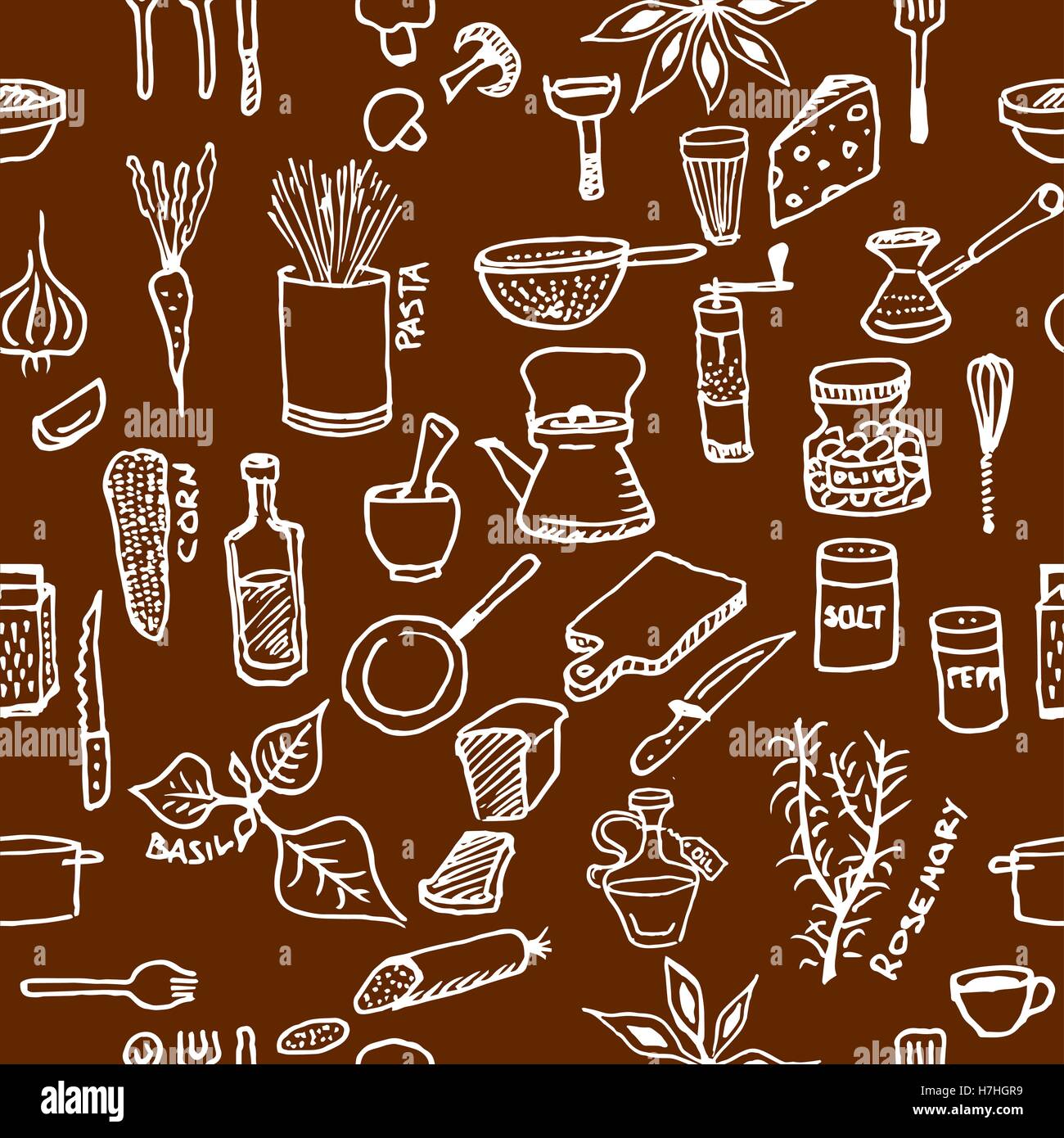 Seamless pattern on a kitchen theme. A variety of products, kitchenware ...