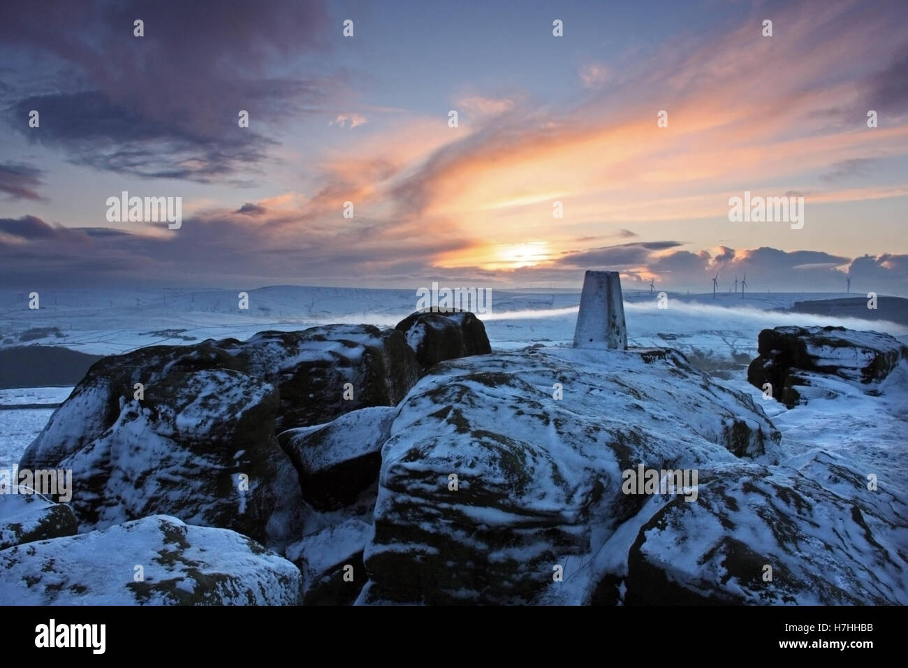 Sunset Over the Trig Point at Bridestone Rocks Stock Photo - Alamy