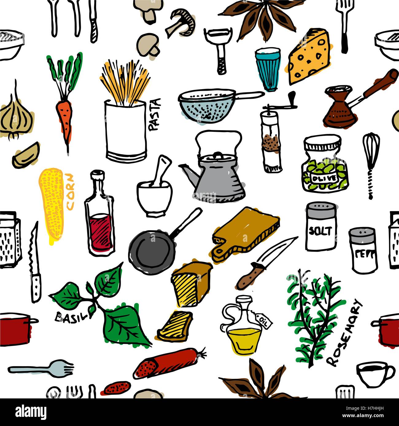 Seamless pattern on a kitchen theme. A variety of products, kitchenware ...
