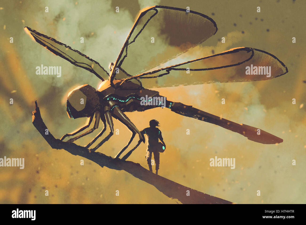 pilot standing with giant mechanical dragonfly,sci-fi concept ...