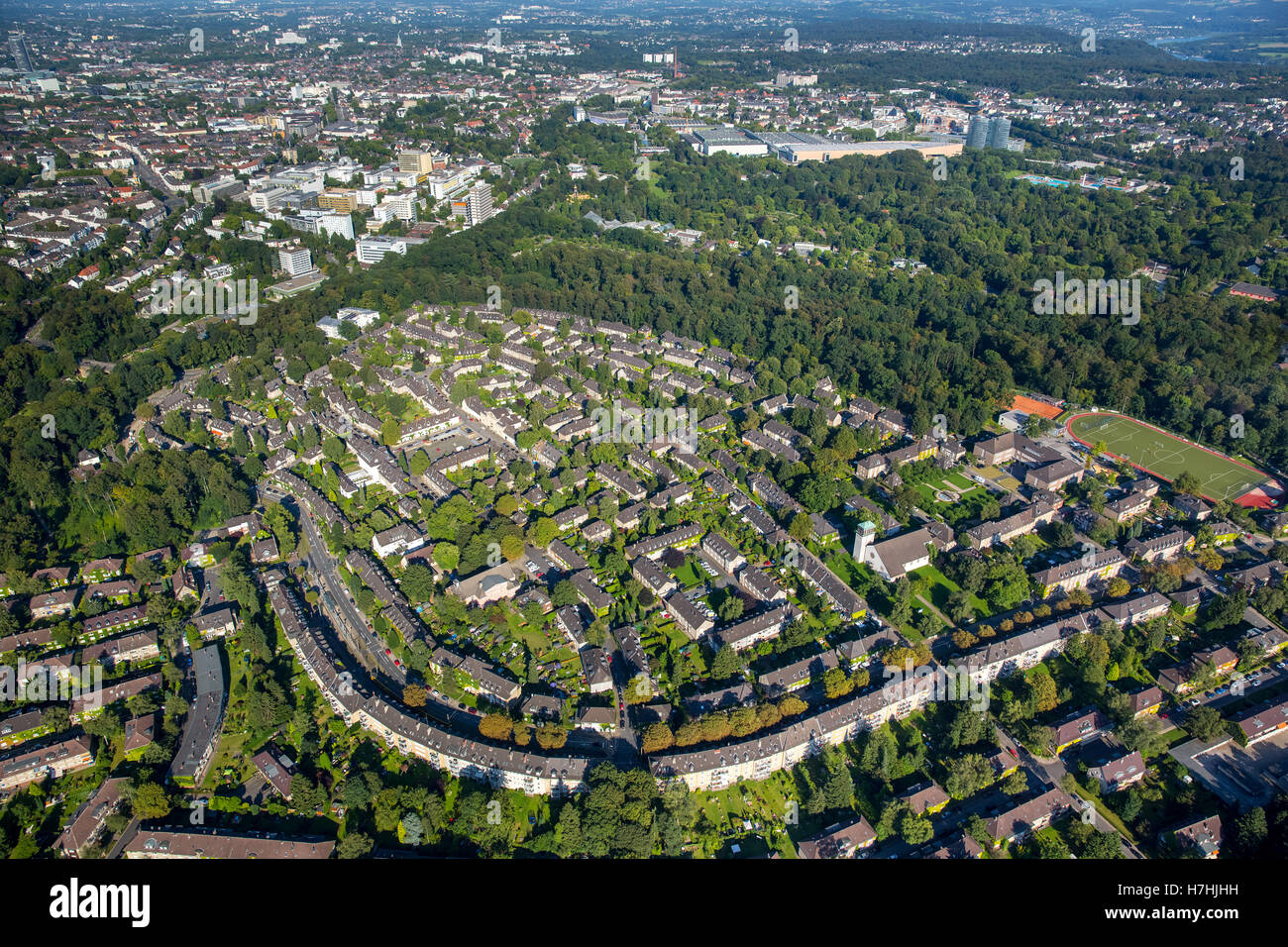 Aerial view, South Essen Margarethenhöhe, Market place, historical ...