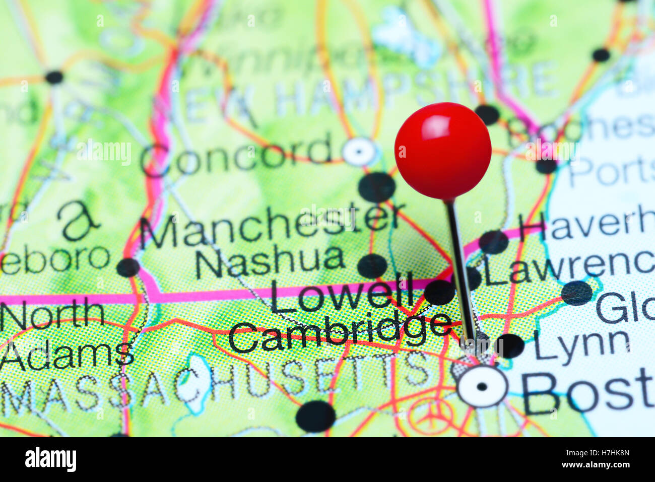 Cambridge pinned on a map of Massachusetts, USA Stock Photo - Alamy