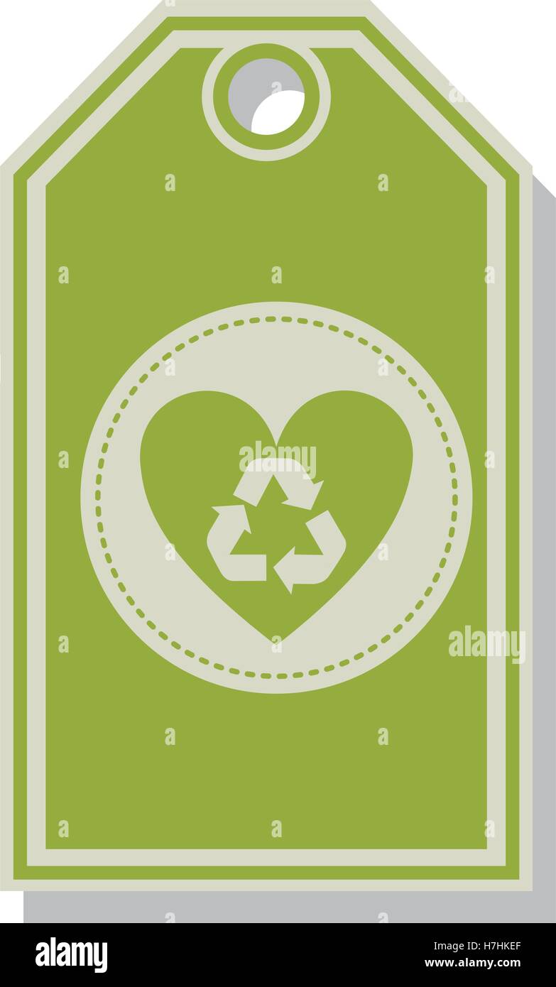 green hanging tag with recycle arrows symbols over white background ...