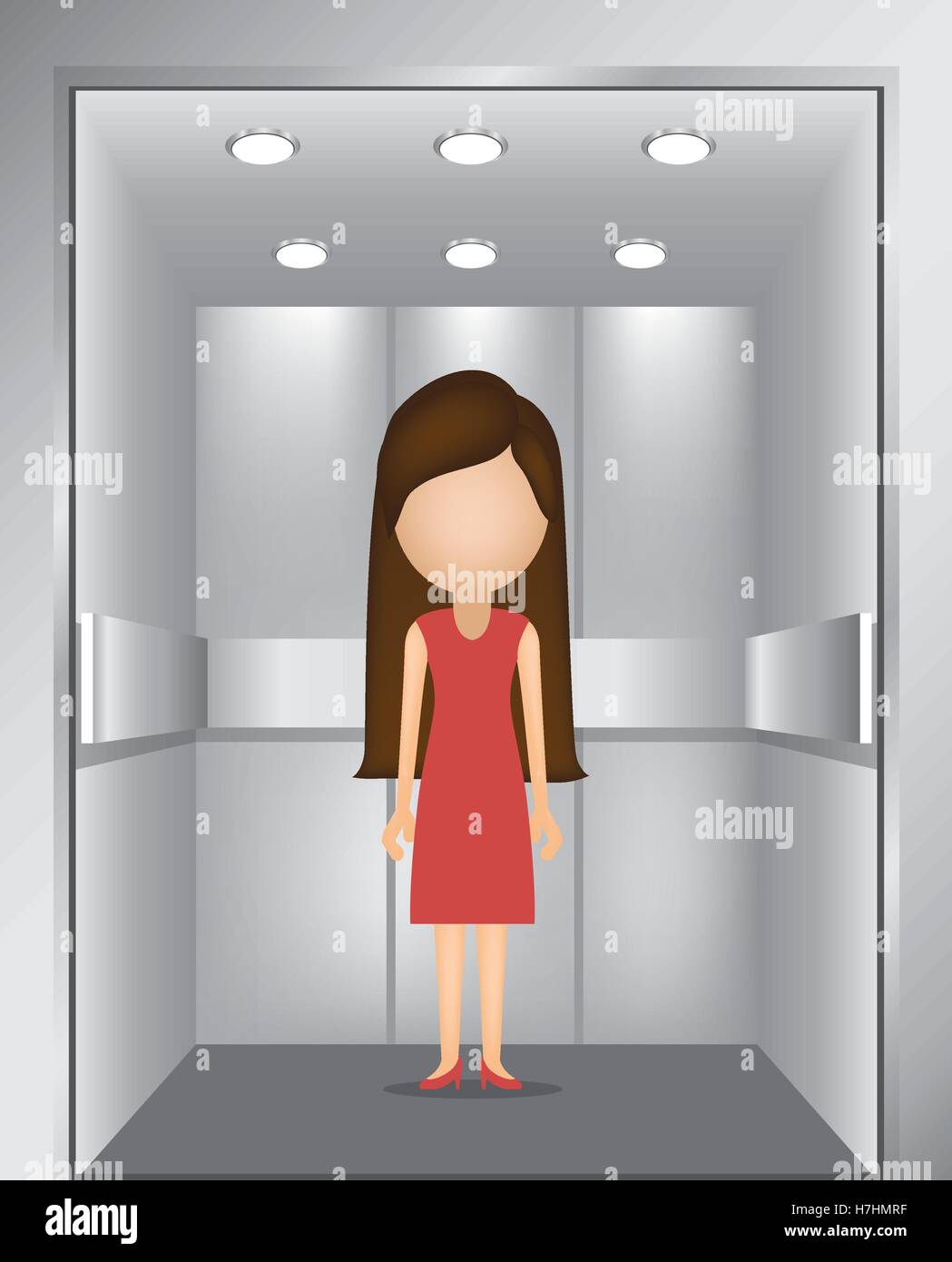 woman with red dress inside elevator icon over white background. vector ...