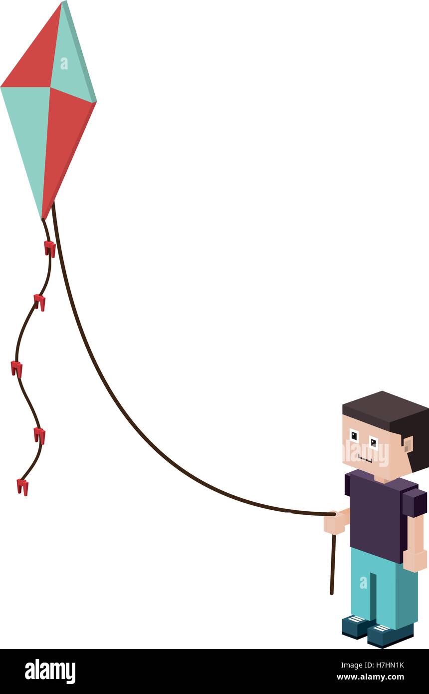 pixel boy flying a colorful kite with bowties over white background ...