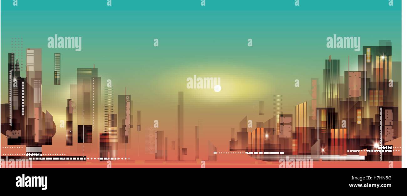 Modern night city cityscape in moonlight or sunset, with Stock Vector ...