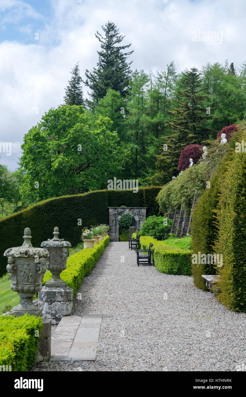 The formal terraced gardens of Drummond Castle Gardens, Muthill, near ...