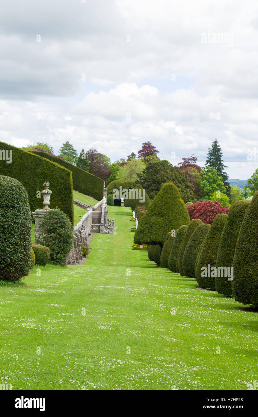 The formal terraced gardens of Drummond Castle Gardens, Muthill, near ...