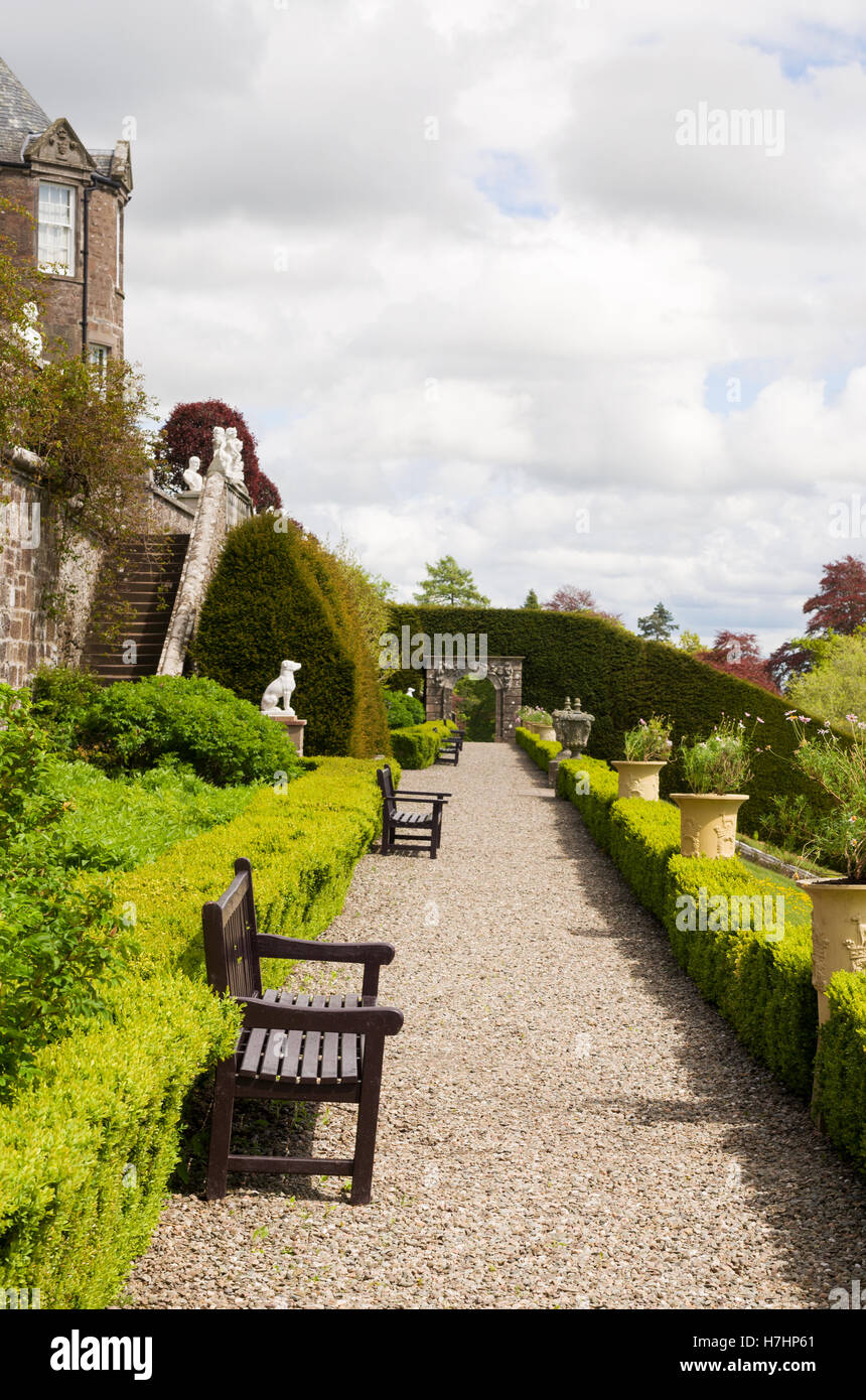 The formal terraced gardens of Drummond Castle Gardens, Muthill, near ...