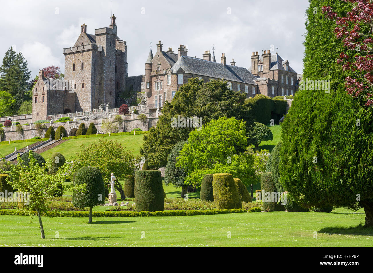 The formal terraced gardens of Drummond Castle Gardens, Muthill, near ...