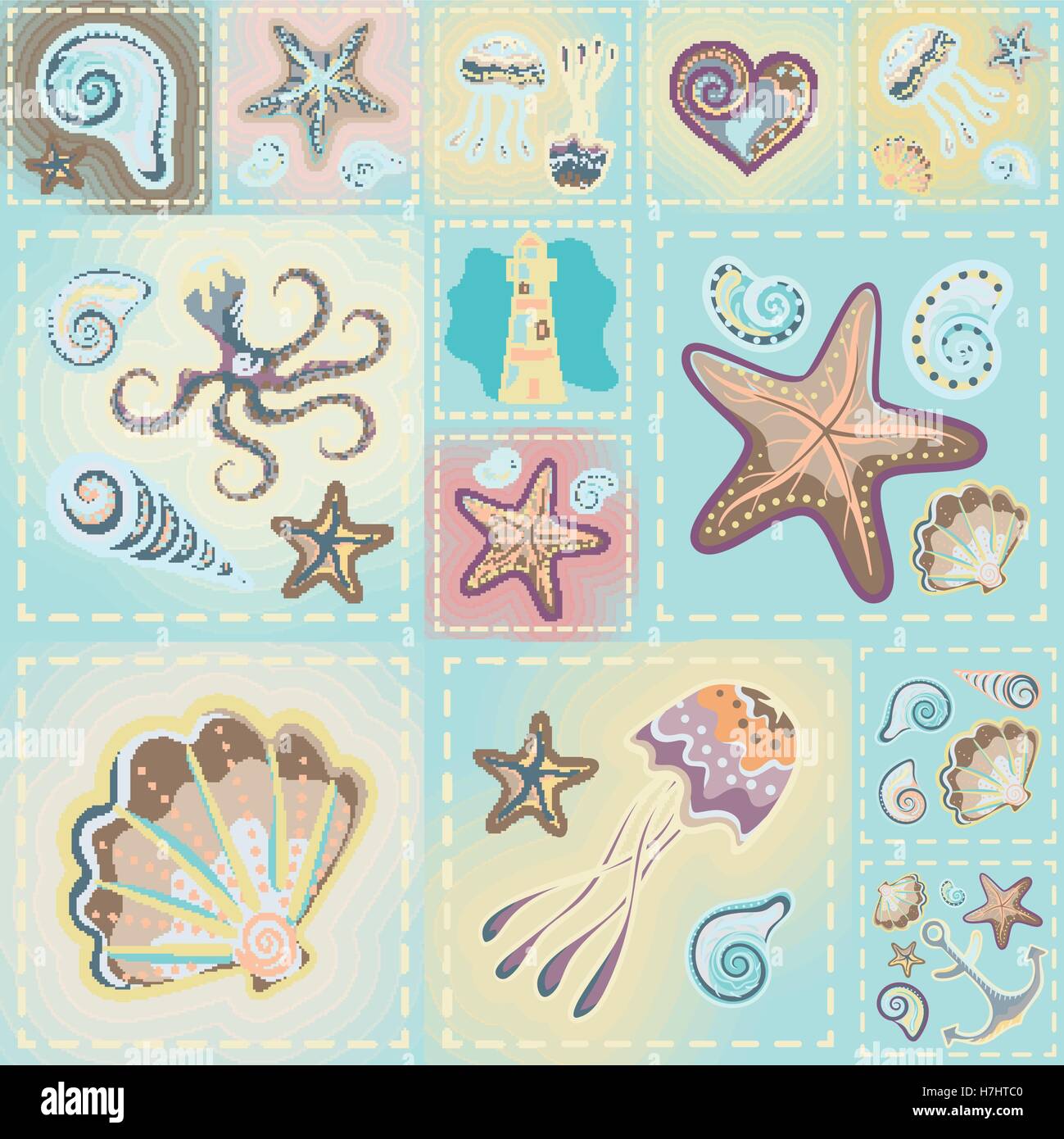 Navy vector seamless pattern. Waves, crab, wheel, anchor, star, heart ...