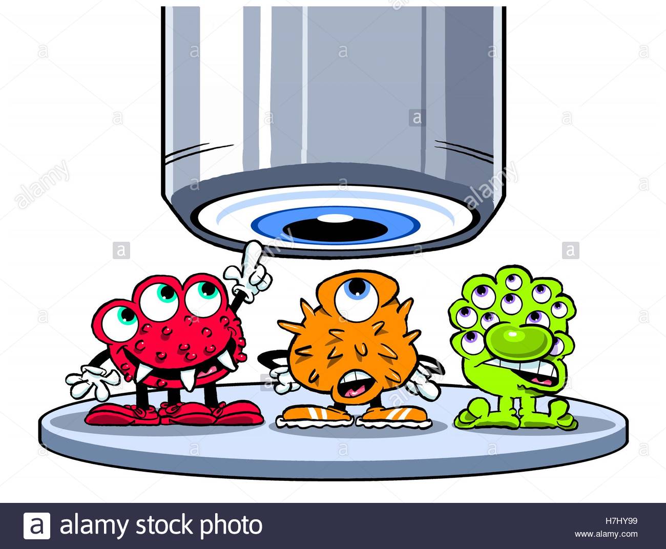 Cartoon caricature of colorful germs or bacteria under microscope Stock ...