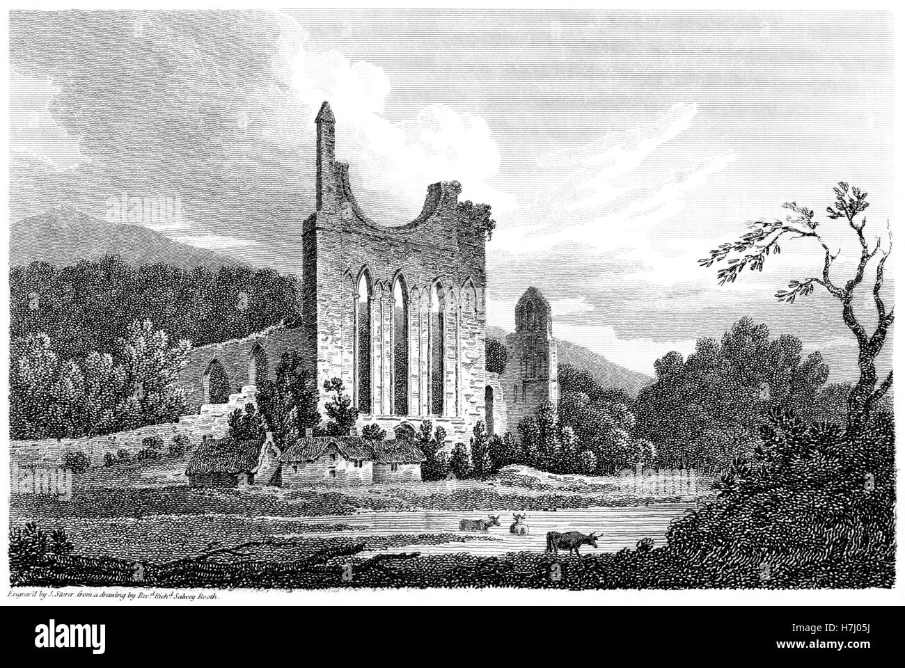 An engraving of Byland Abbey, Yorkshire scanned at high resolution from ...