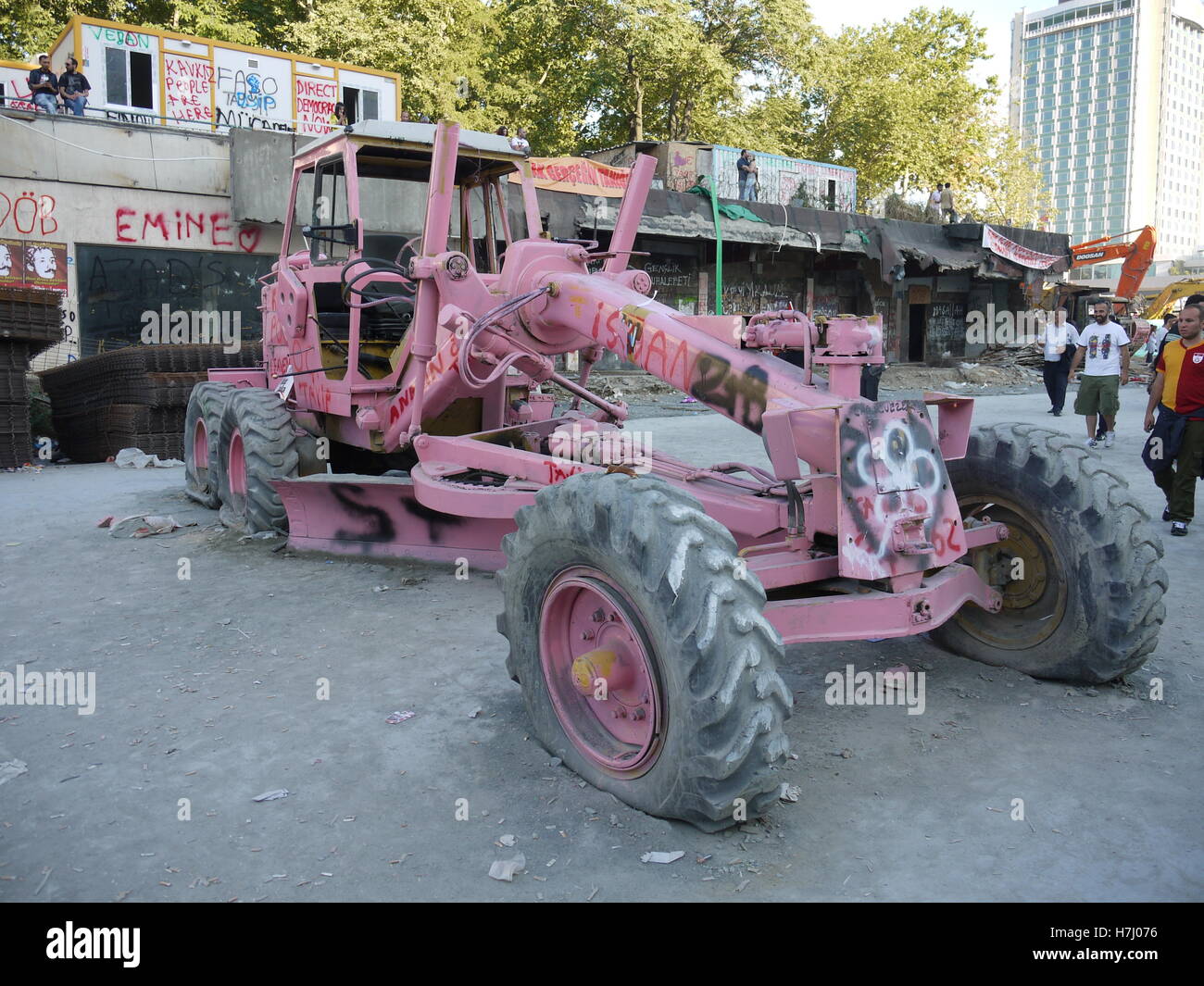 Bulldozer painted in pink on Taksim square in Istanbul (Turkey), during ...