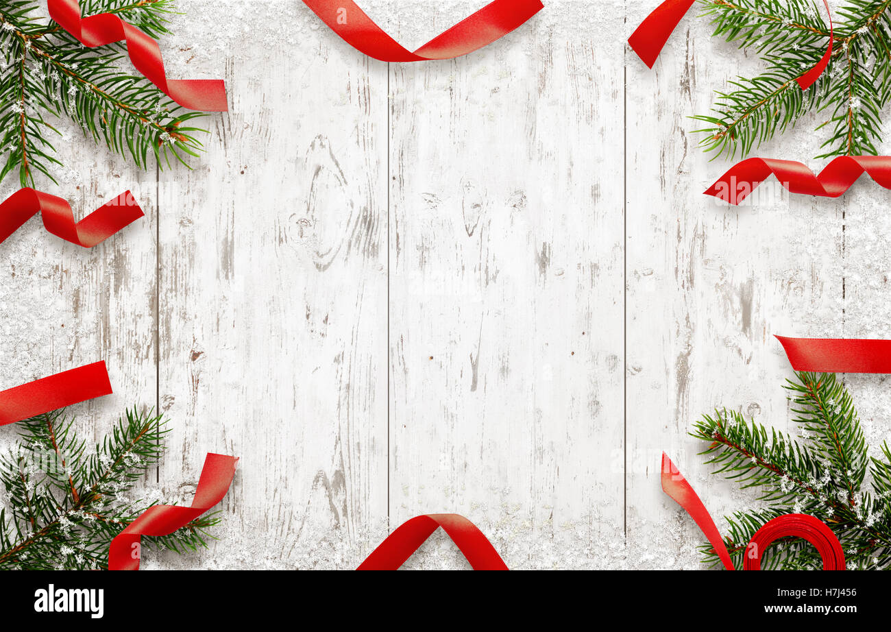 White wooden table with Christmas decoration. Top view of table with ...
