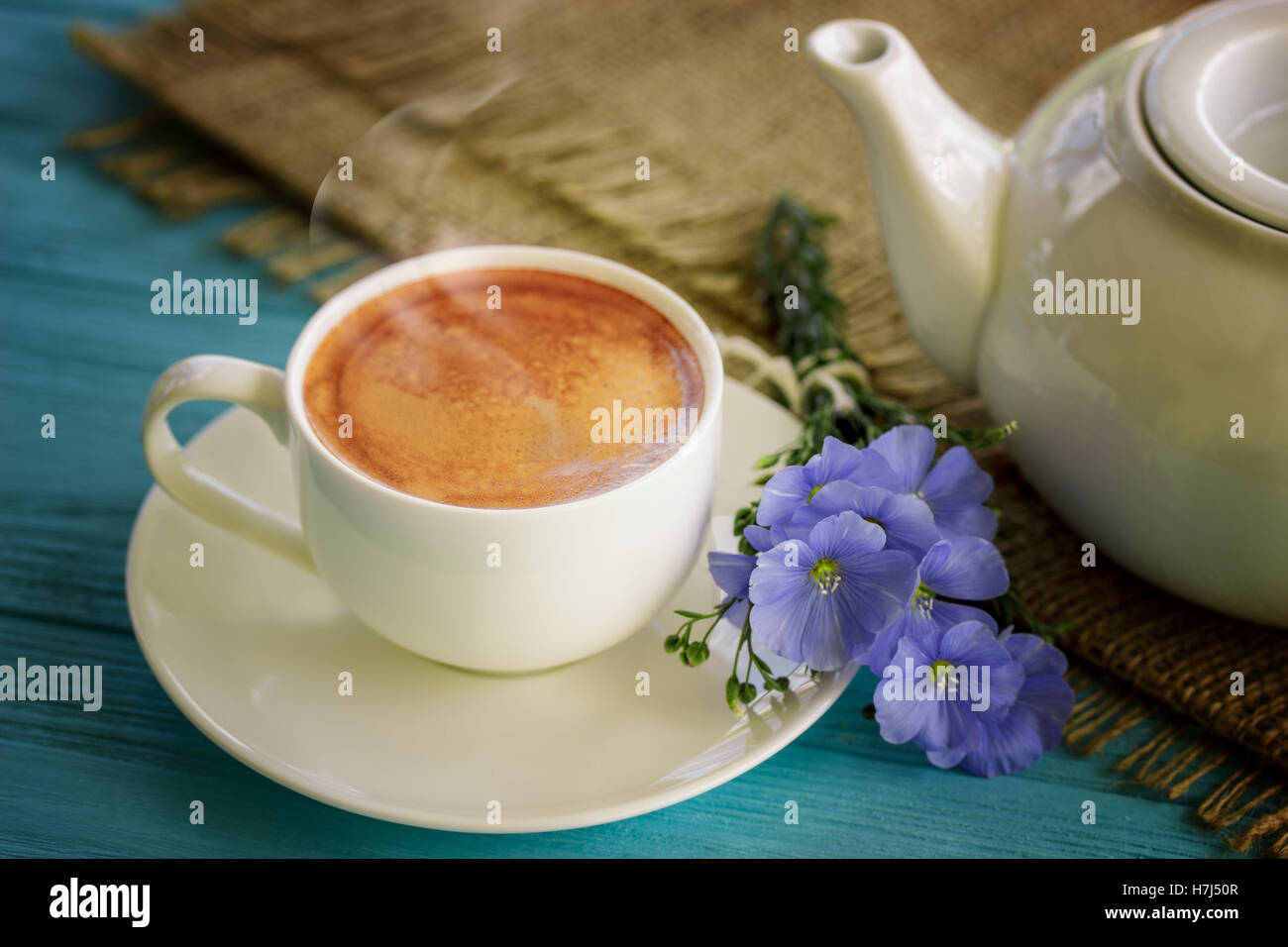 Coffee mug with blue flowers and notes good morning on blue rustic ...