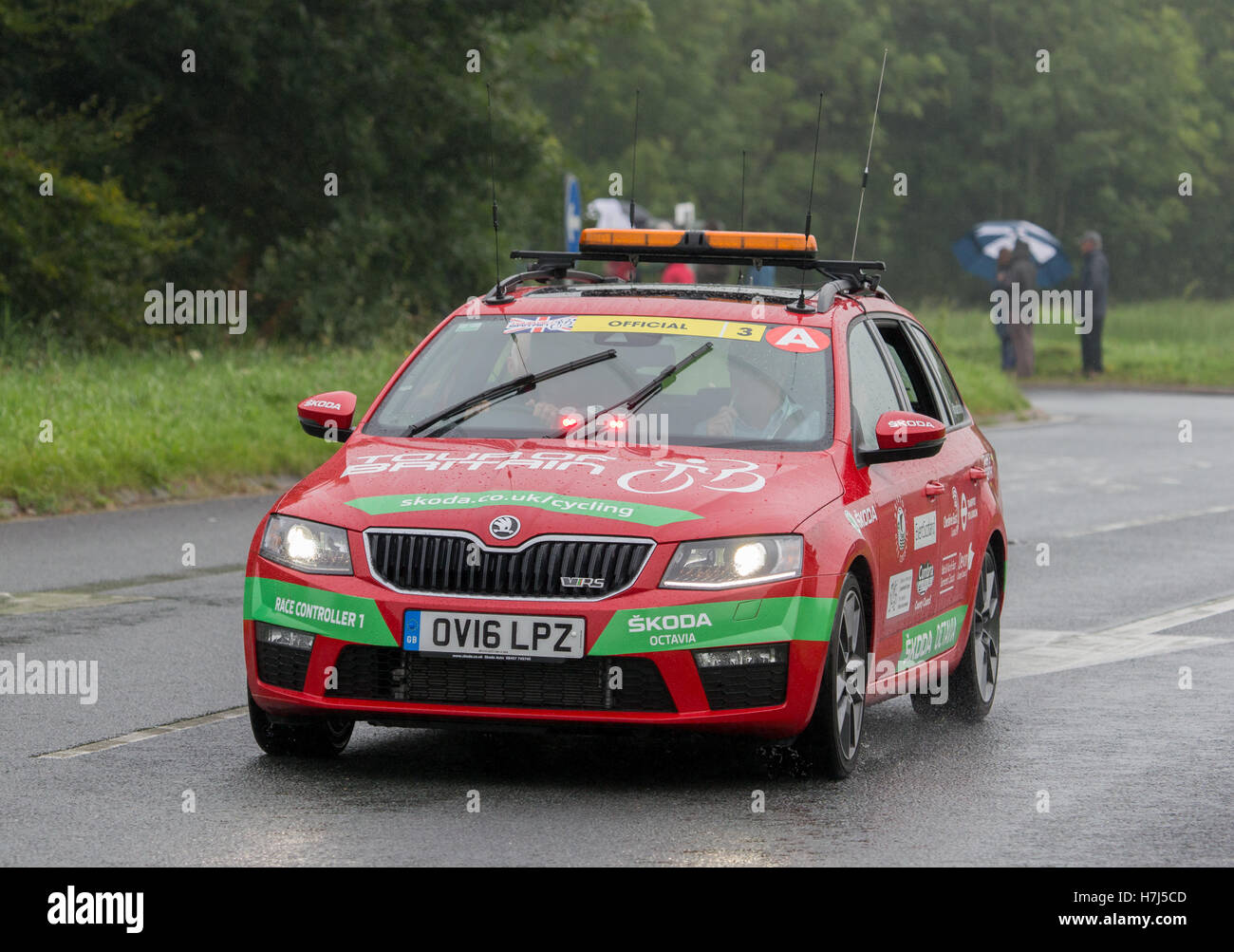 Tour of Britain Cycle Race support vehicles following the cycle race ...