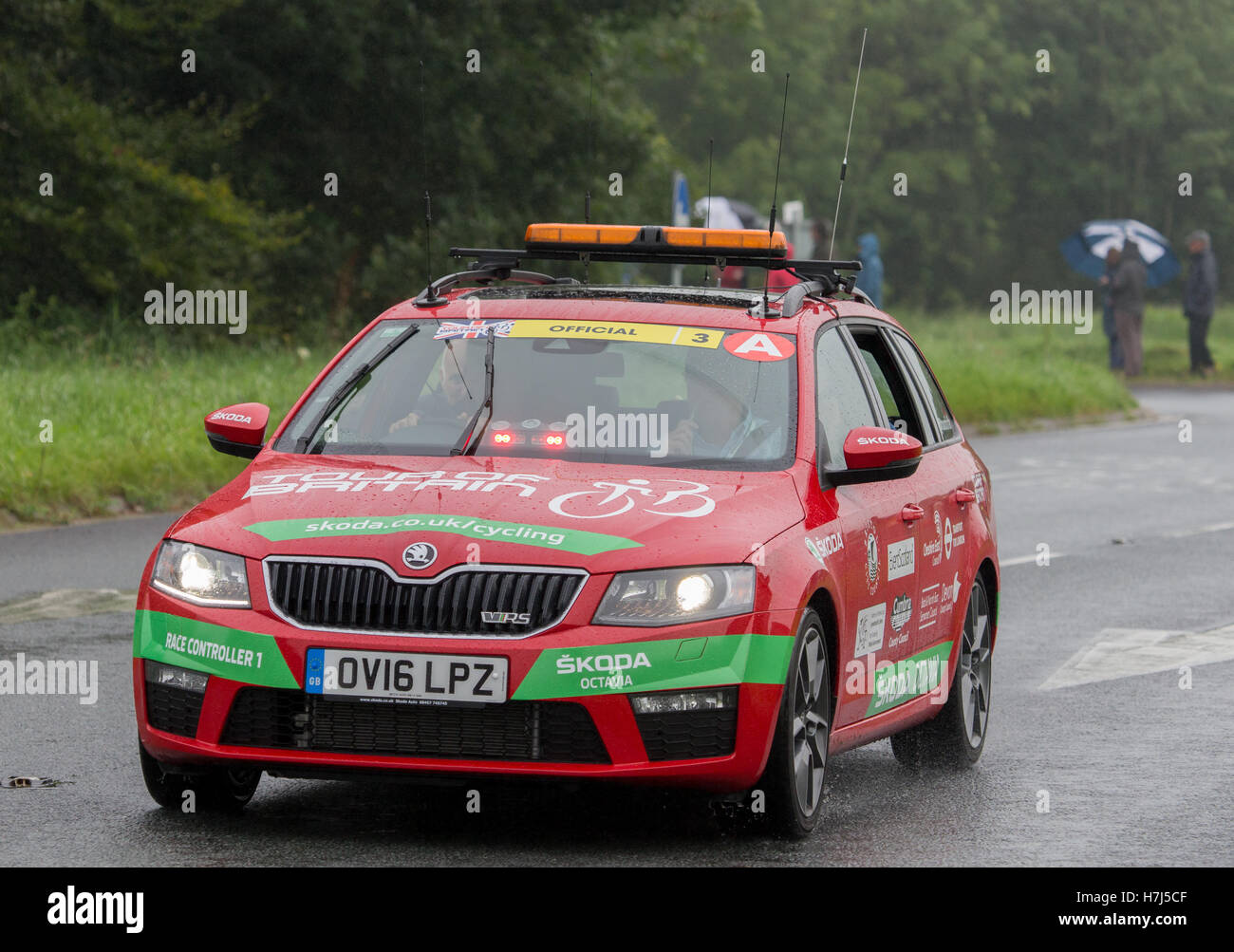 Tour of Britain Cycle Race support vehicles following the cycle race ...