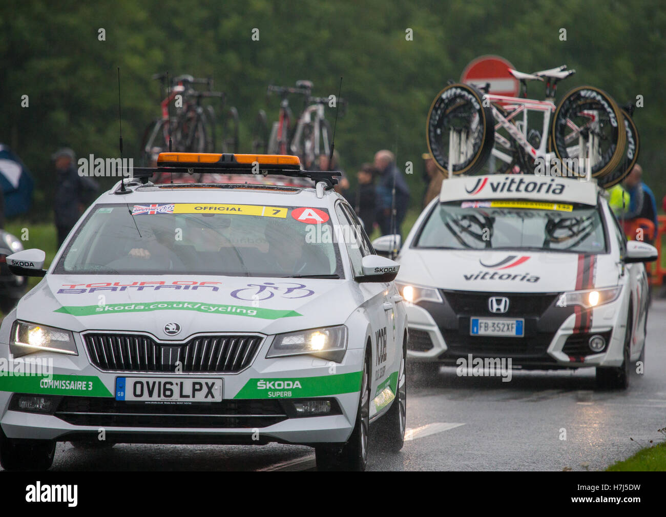 Tour of Britain Cycle Race support vehicles following the cycle race ...